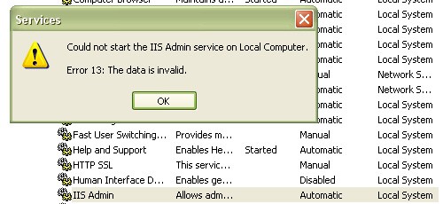 Unable to start the IIS Admin service on Local Computer error 13 - Techyv.com